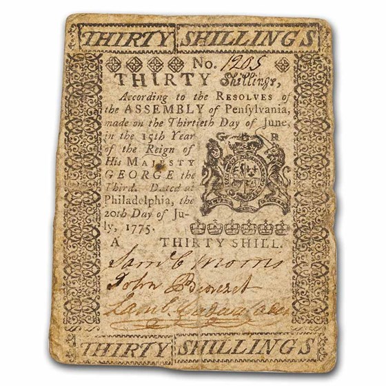 Buy 1775 30 Shillings PA 7/20/1775 Very Fine (Fr#PA-179) | APMEX