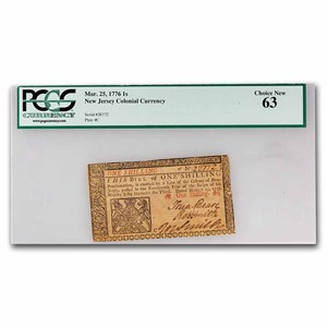 Buy 1776 1 Shilling New Jersey 3/25/1776 CU-63 PCGS (Fr#NJ-175) | APMEX