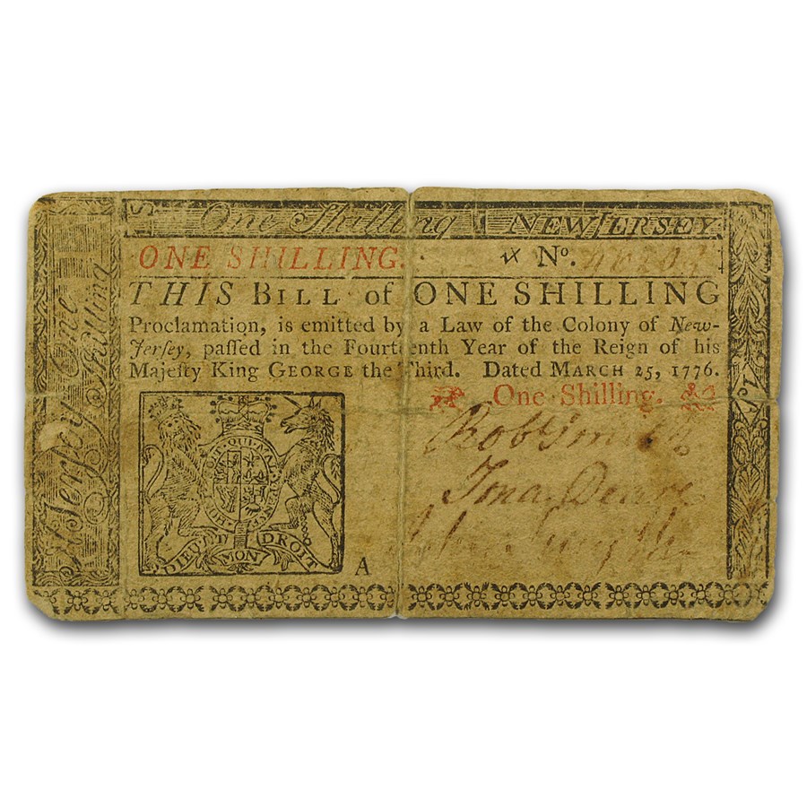 Buy 1776 1 Shilling New Jersey Currency 3/25/1776 Fine | APMEX