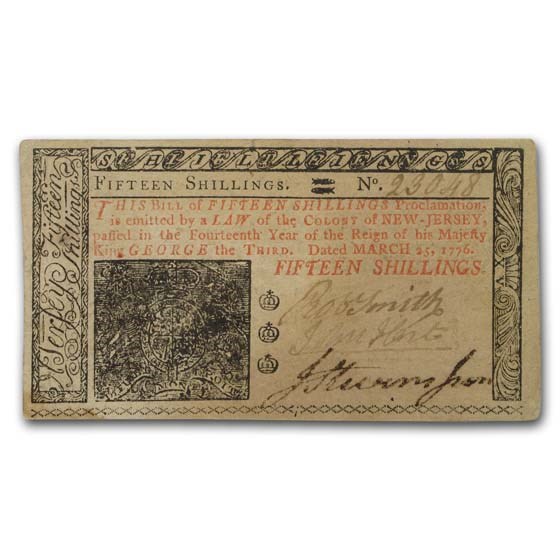 Buy 1776 15 Shillings NJ Currency 3/25/76 AU-55 PMG (John Hart) | APMEX