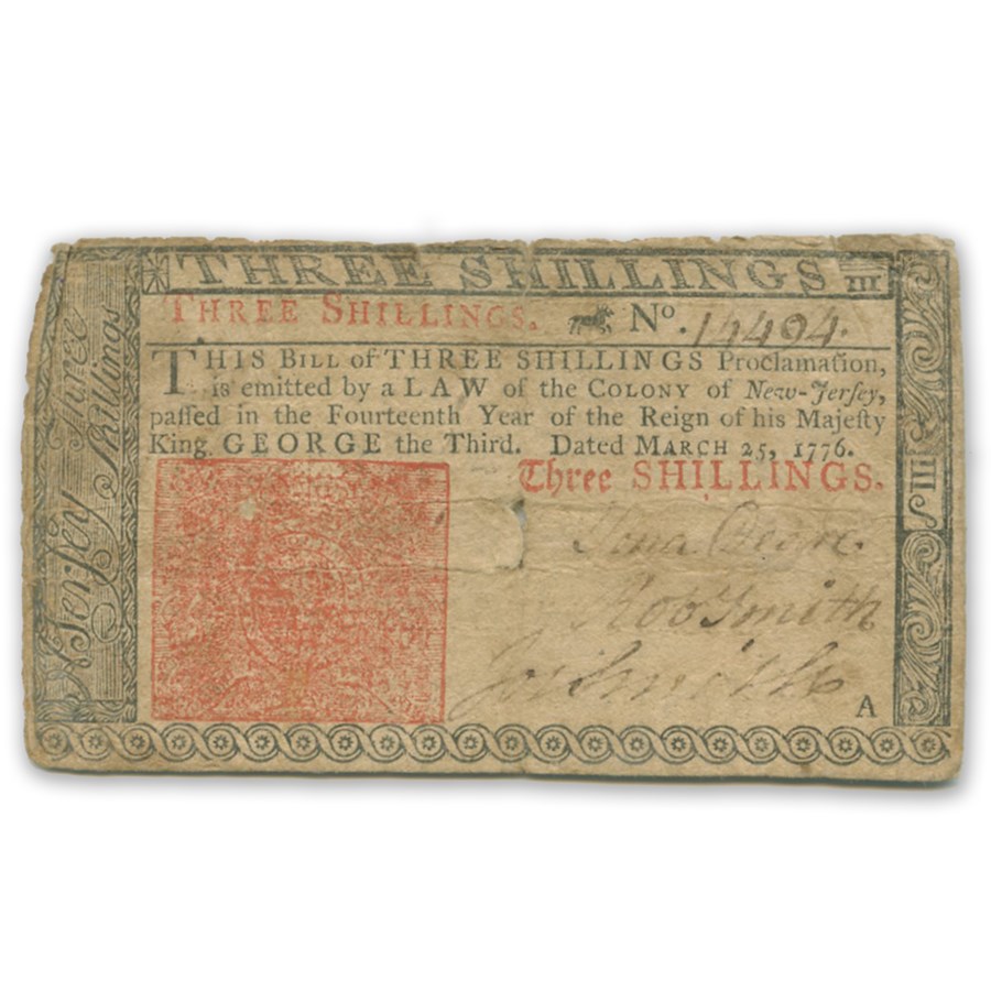 Buy 1776 3 Shilling New Jersey Currency 3/25/1776 VF | APMEX