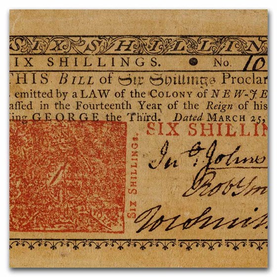 Buy 1776 6 Shilling New Jersey 3/25/76 AU-55 PMG (Fr#NJ-178) | APMEX