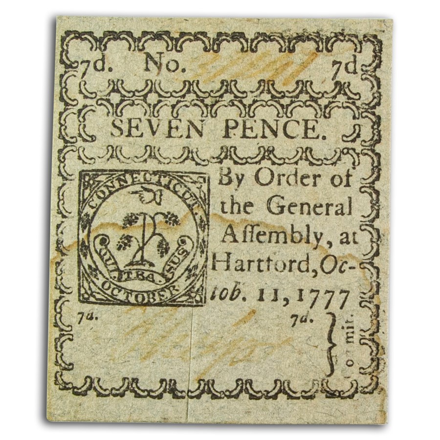 Buy 1777 7 Pence Connecticut Currency 10/11/77 AU Cancelled | APMEX