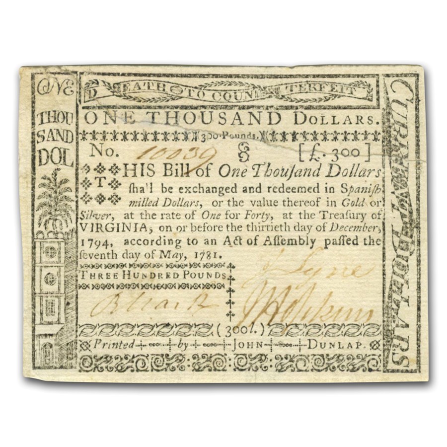 Buy 1781 $1,000 Virginia Currency 3/1/81 VF/XF | APMEX