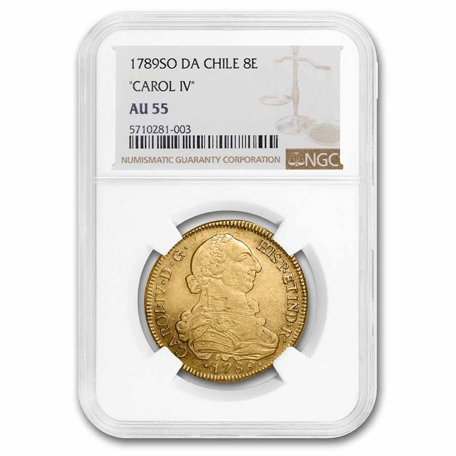 Buy 1789-SO DA Chile Gold 8 Escudos Charles IV AU-55 NGC | APMEX