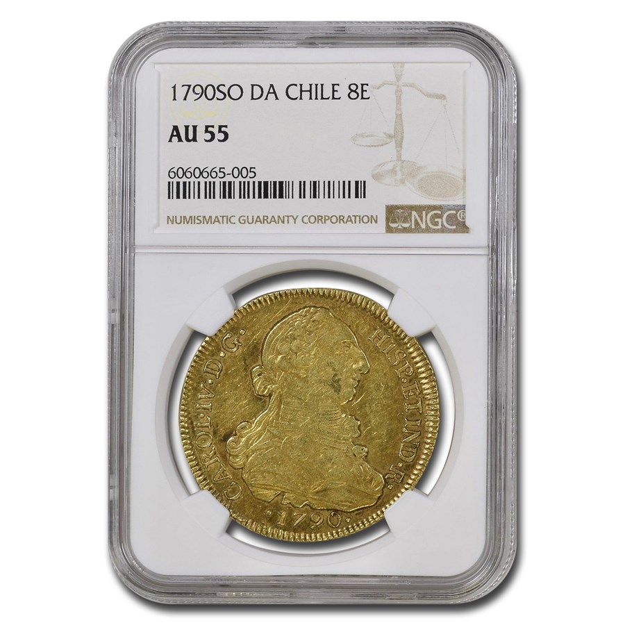 Buy 1790-So Chile Gold 8 Escudos Carlos IV AU-55 NGC | APMEX