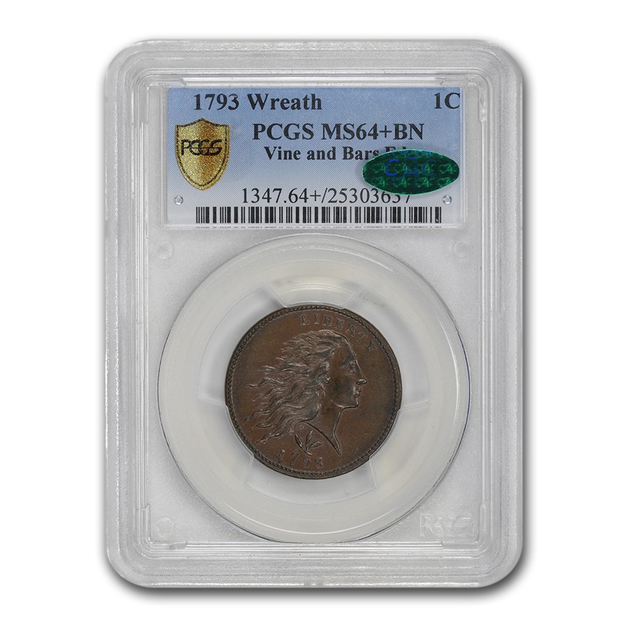 Buy 1793 Flowing Hair Wreath Cent MS-64+ PCGS (BN, Vine & Bars Edge ...