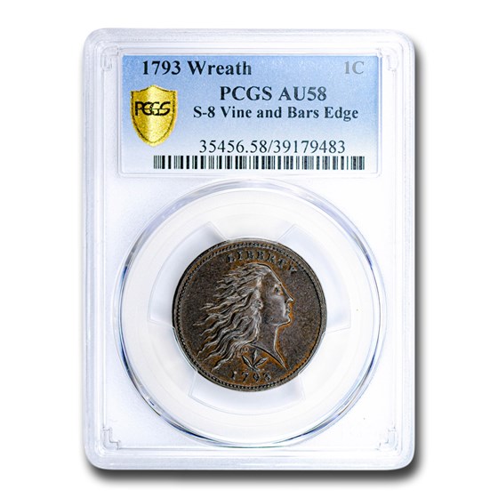 Buy 1793 Flowing Hair Wreath Large Cent AU-58 PCGS (S-8, Vine & Bars ...
