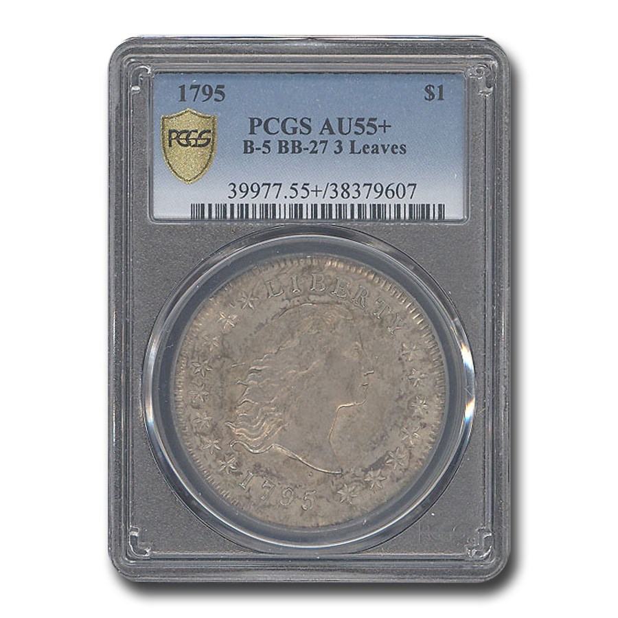 1795 Flowing Hair Dollar AU-55+ PCGS (B-5, BB-27, 3 Leaves)