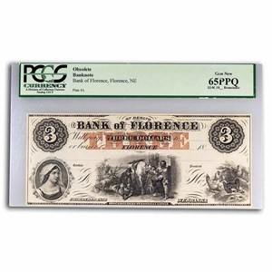 Buy 18__ $3 Bank of Florence, NE Gem CU-65 PPQ PCGS Remainder Note | APMEX