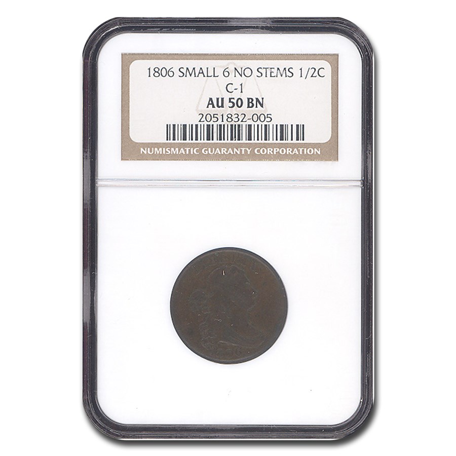 Buy 1806 Draped Bust Half Cent AU-50 NGC (Small 6, No Stems) | APMEX
