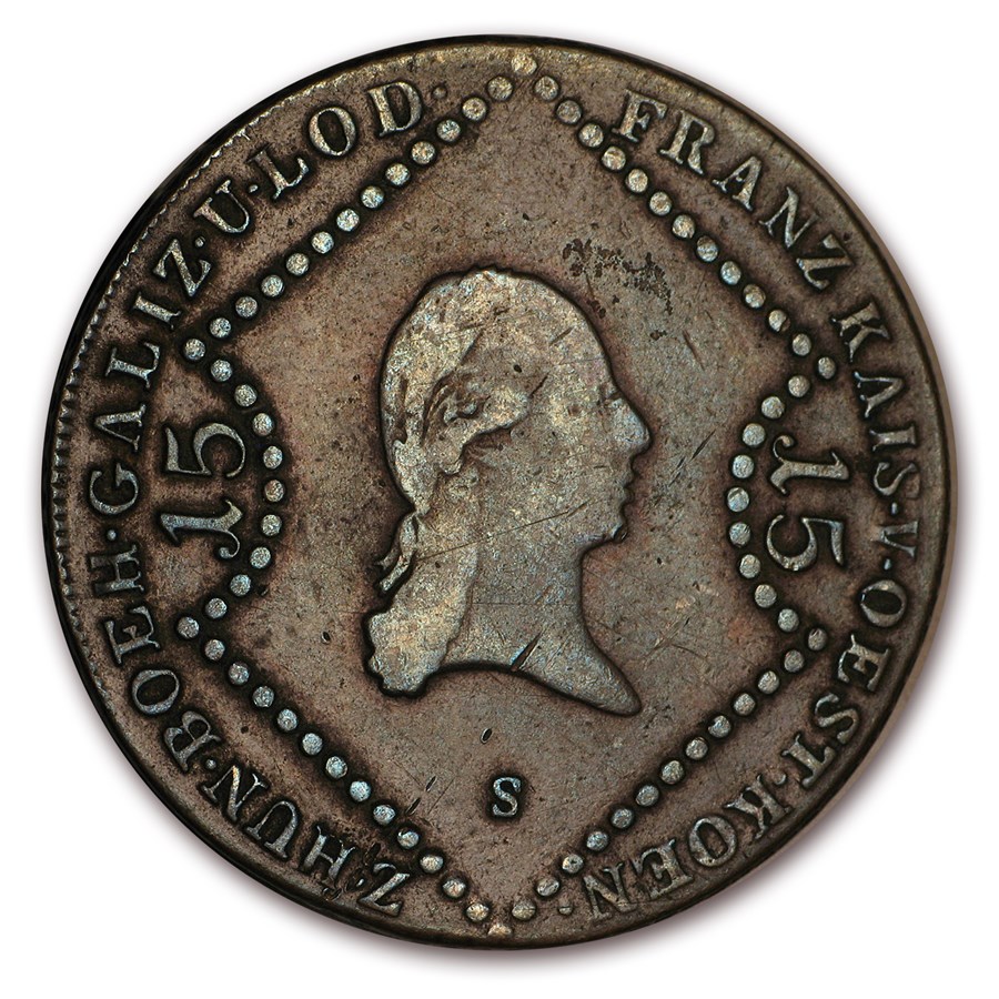 Buy 1807 Austria Copper 15 Kreuzer Franz II Emperor VF | APMEX