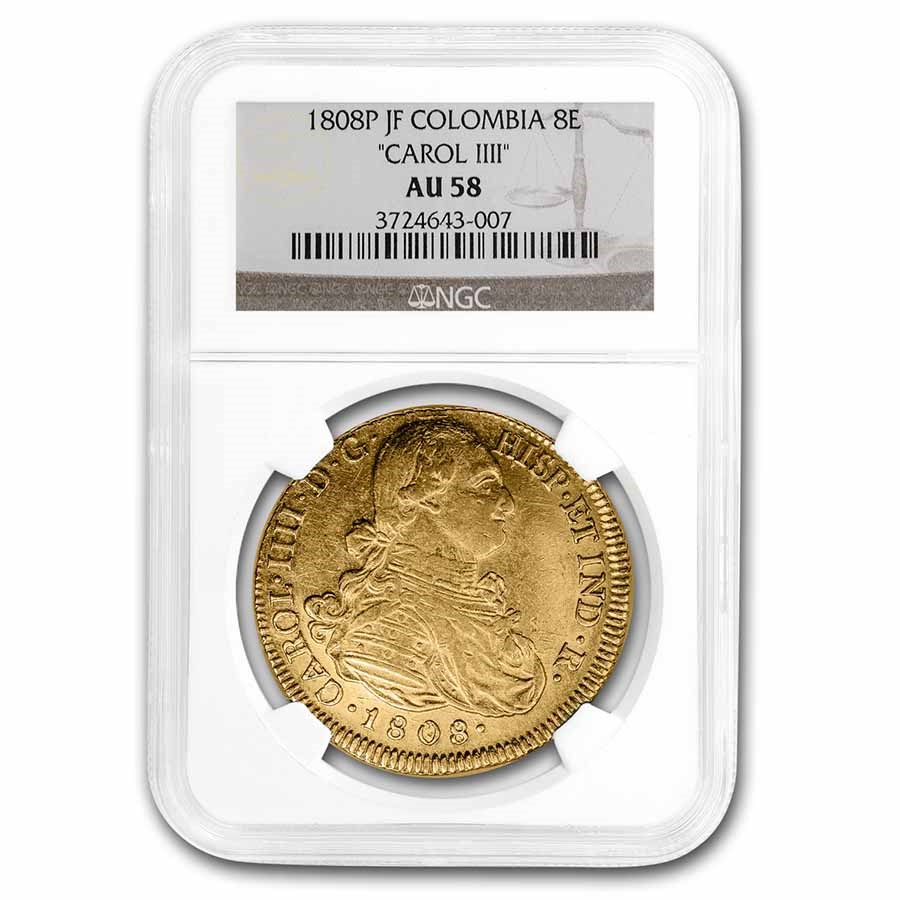 Buy 1808-P JF Colombia Gold 8 Escudo Charles IV AU-58 NGC | APMEX