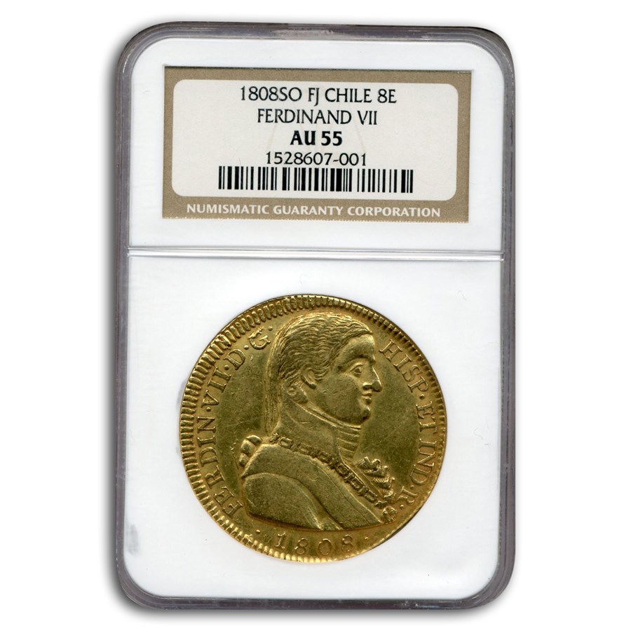 Buy 1808-So Chile Gold 8 Escudos Ferdinand VII AU-55 NGC | APMEX