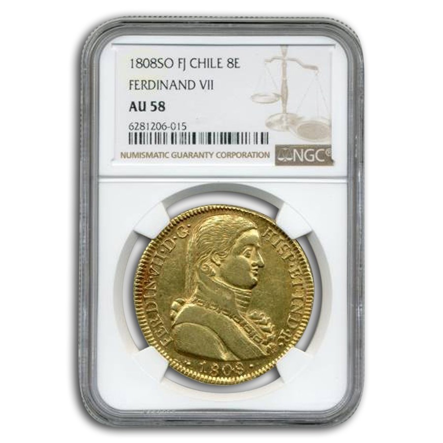 Buy 1808-So Chile Gold 8 Escudos Ferdinand VII AU-58 NGC | APMEX