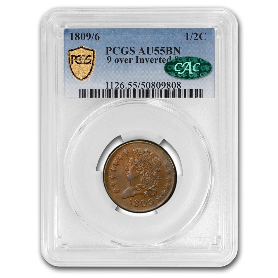 1809 Half Cent AU-55 PCGS CAC (9 Over Inverted 9)