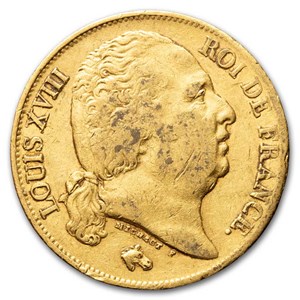 1818-W France Gold 20 Francs Louis XVIII AU