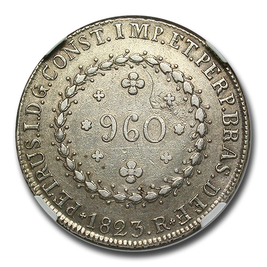 Buy 1823-R Brazil Silver 960 Reis Pedro AU-55 NGC | APMEX