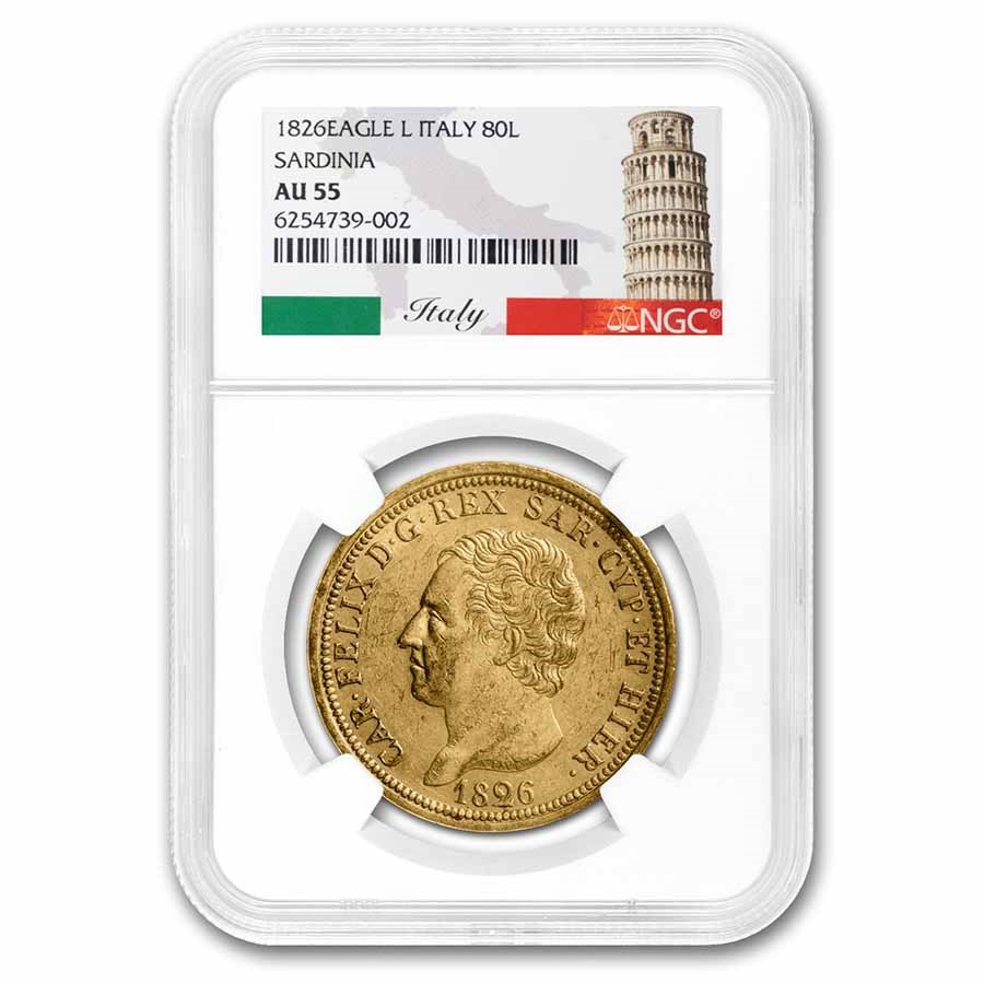 Buy 1826 Kingdom of Sardinia Gold 80 Lire Calo Felice AU-55 NGC | APMEX