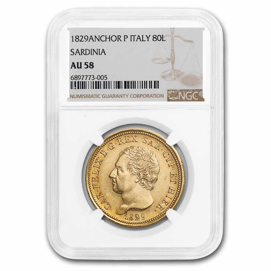 Buy 1829 Sardinia Gold 80 Lire Carlo Felice AU-58 NGC | APMEX