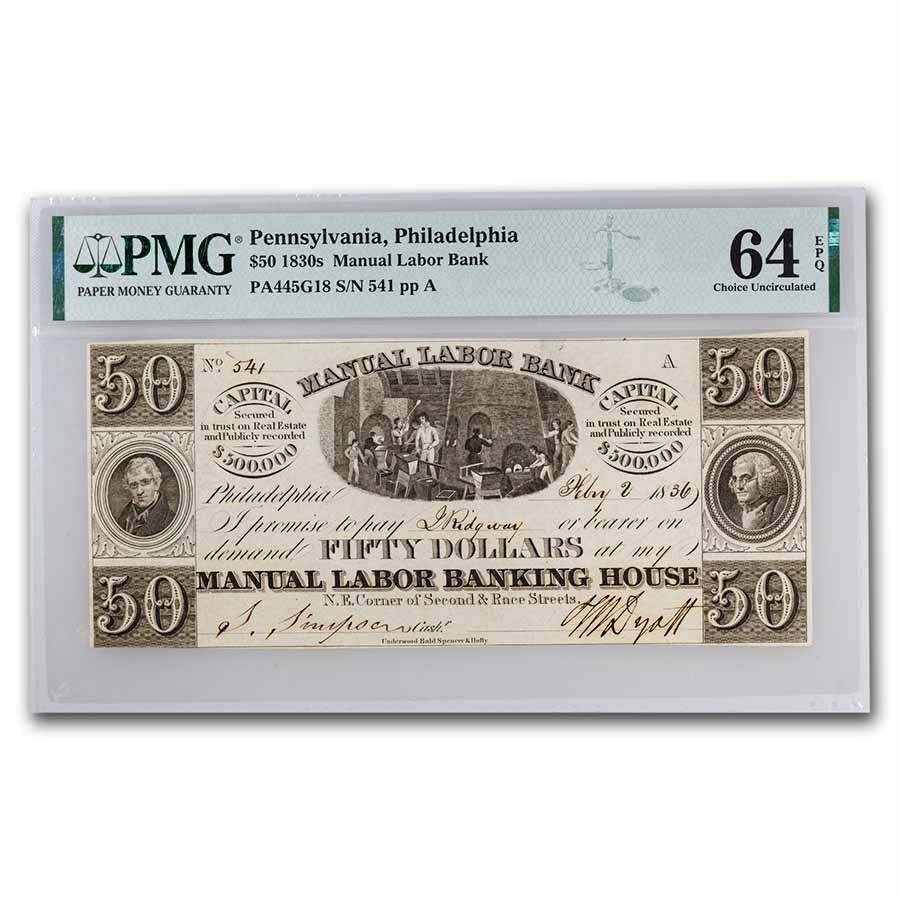 Buy 1830s $50 The Manual Labor Bank Philadelphia PA CU-64 EPQ PMG | APMEX