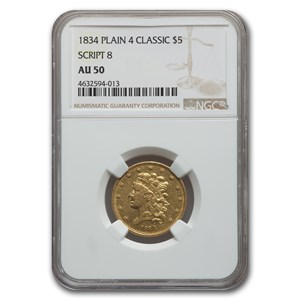 Buy 1834 $5 Gold Classic Head Half Eagle AU-50 NGC (Plain 4 Script 8) | APMEX