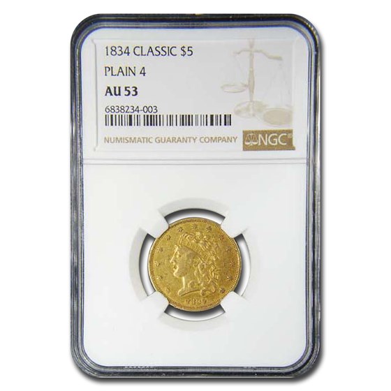 Buy 1834 $5 Gold Classic Head Half Eagle AU-53 NGC (Plain 4) | APMEX