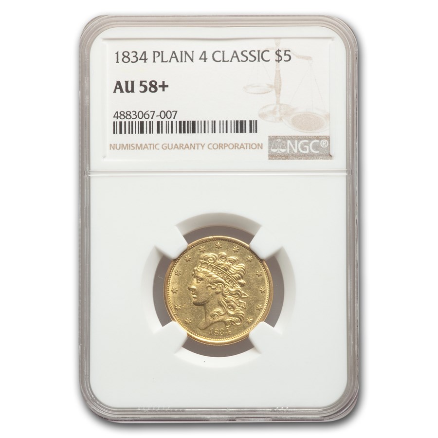 Buy 1834 $5 Gold Classic Head Half Eagle AU-58+ NGC (Plain 4) | APMEX