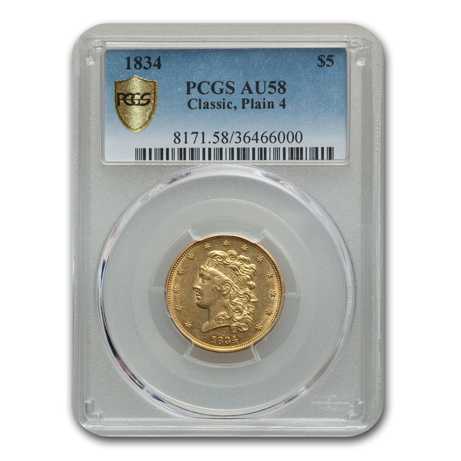 Buy 1834 $5 Gold Classic Head Half Eagle AU-58 PCGS (Plain 4) | APMEX