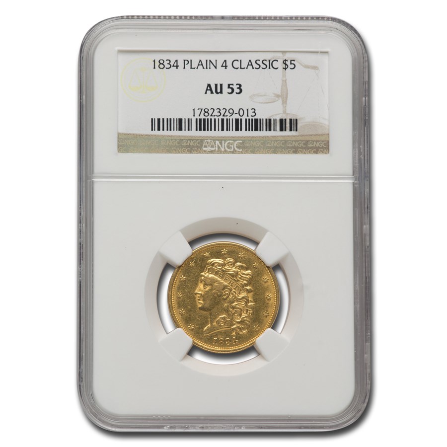 Buy 1834 $5 Gold Classic Head Half Eagle Plain 4 AU-53 NGC | APMEX