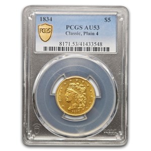 Buy 1834 $5 Gold Classic Head Half Eagle Plain 4 AU-53 PCGS | APMEX