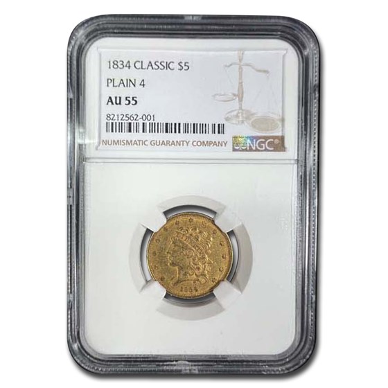 Buy 1834 $5 Gold Classic Head Half Eagle Plain 4 AU-55 NGC | APMEX