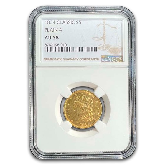 Buy 1834 $5 Gold Classic Head Half Eagle Plain 4 AU-58 NGC | APMEX