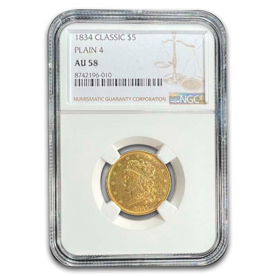 Buy 1834 $5 Gold Classic Head Half Eagle Plain 4 AU-58 NGC | APMEX