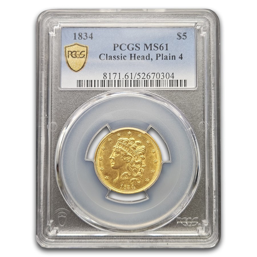Buy 1834 $5 Gold Classic Head Half Eagle Plain 4 MS-61 PCGS | APMEX