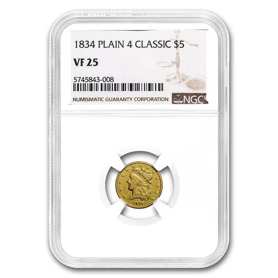 Buy 1834 $5 Gold Classic Head Half Eagle Plain 4 VF-25 NGC | APMEX