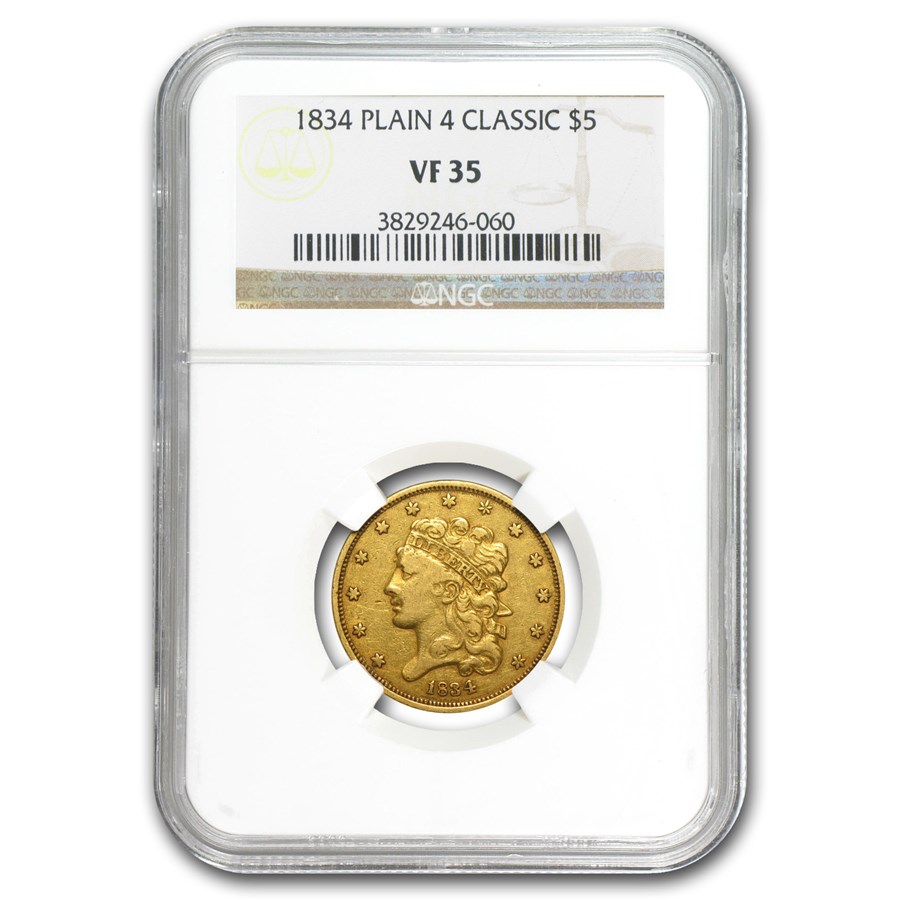 Buy 1834 $5 Gold Classic Head Half Eagle Plain 4 VF-35 NGC | APMEX