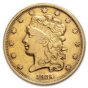 Buy 1834 $5 Gold Classic Head Half Eagle Plain 4 VF Details (Cleaned) | APMEX