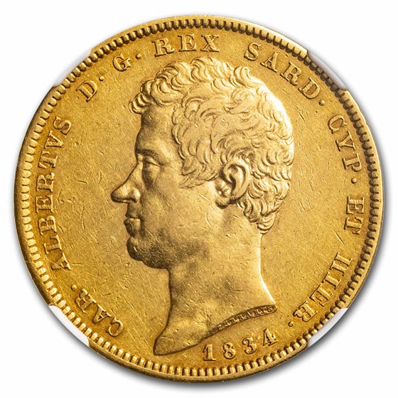 Buy 1834 Kingdom of Sardinia Gold 100 Lire Calo Felice AU-53 NGC | APMEX