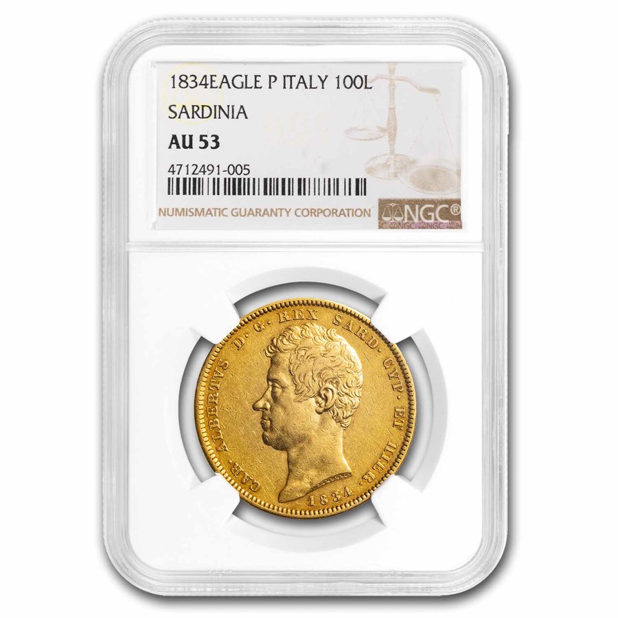 Buy 1834 Kingdom of Sardinia Gold 100 Lire Calo Felice AU-53 NGC | APMEX