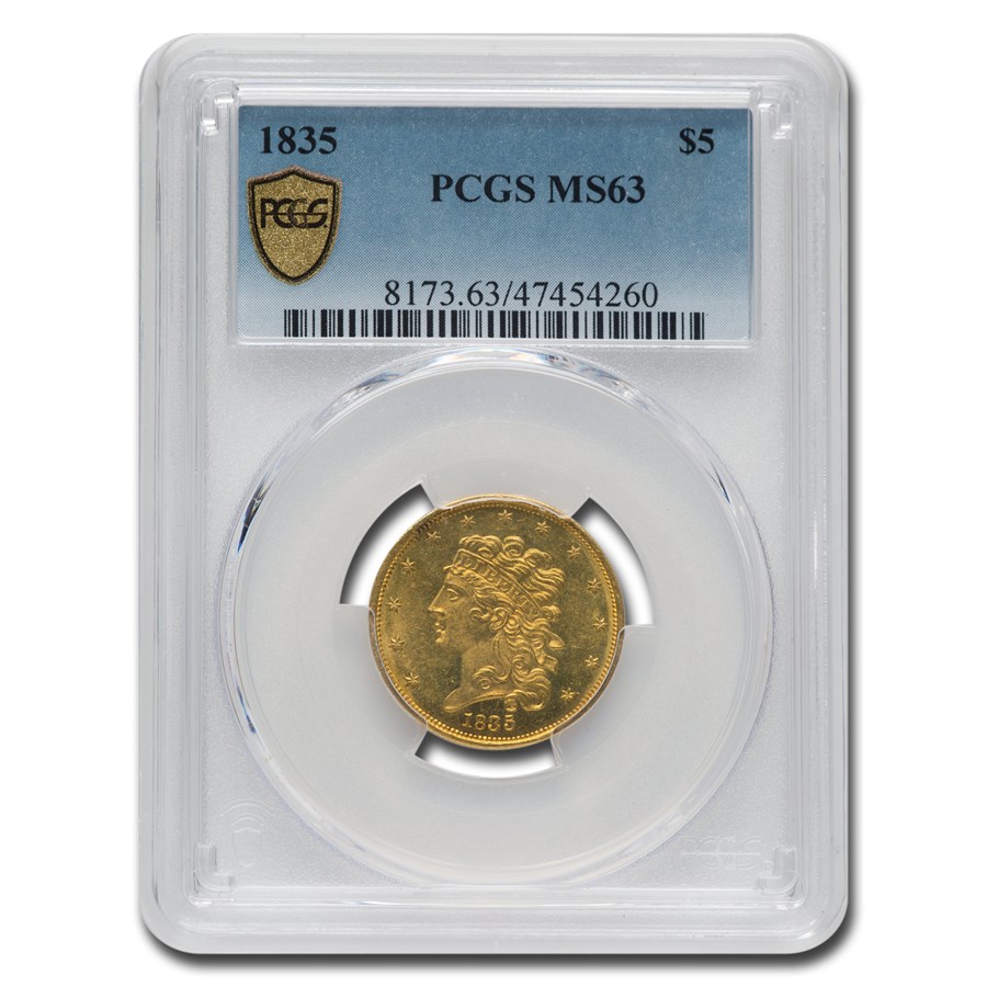 1835 $5 Gold Classic Head Half Eagle MS-63 PCGS