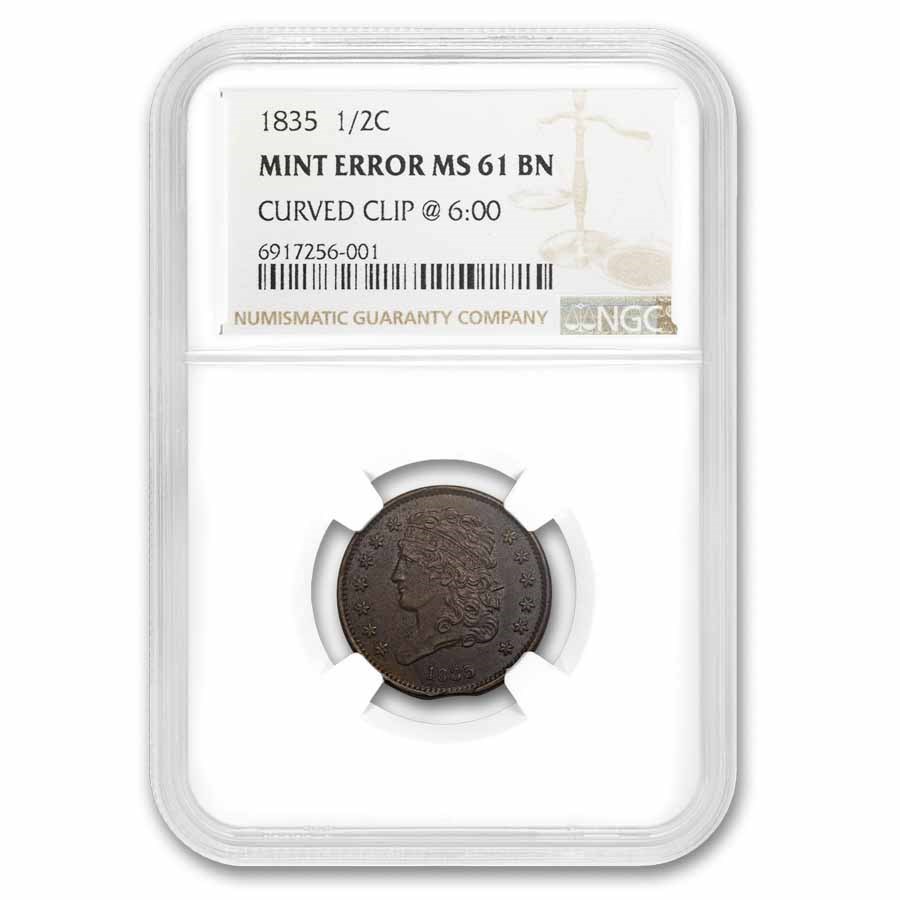 1835 Half Cent MS-61 NGC (Curved Clip, Brown)