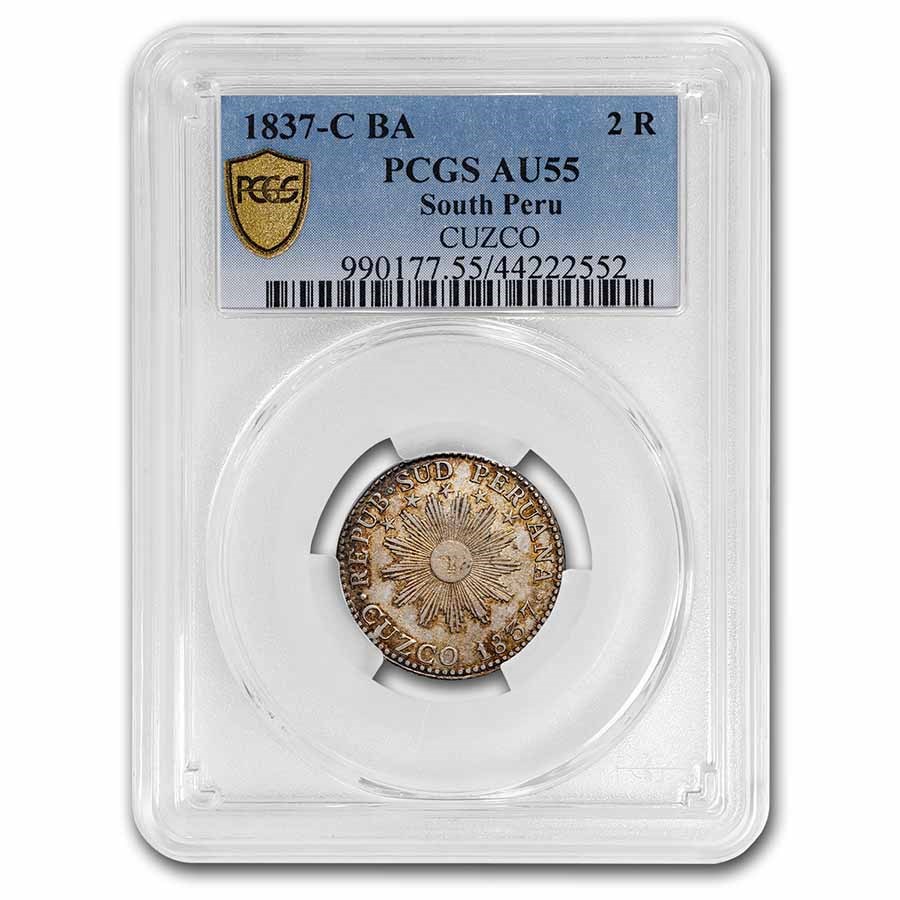 Buy 1837-C BA South Peru Silver 2 Reales AU-55 PCGS | APMEX