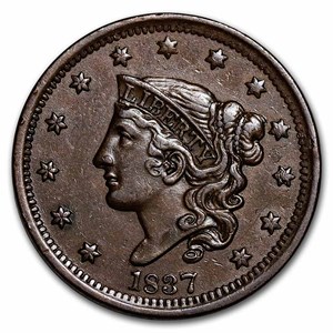 Buy 1837 Large Cent Head of 1838 Beaded Cord AU | APMEX