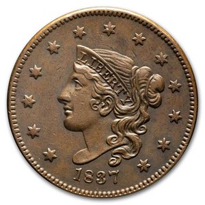 1837 Large Cent Plain Cord, Medium Letters AU