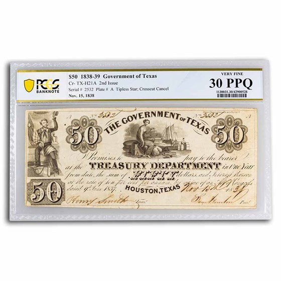Buy 1838-39 $50 The Government of Texas Houston, TX VF-30 PPQ PCGS | APMEX