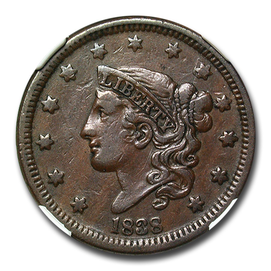 1838 Large Cent XF-40 NGC (Brown)