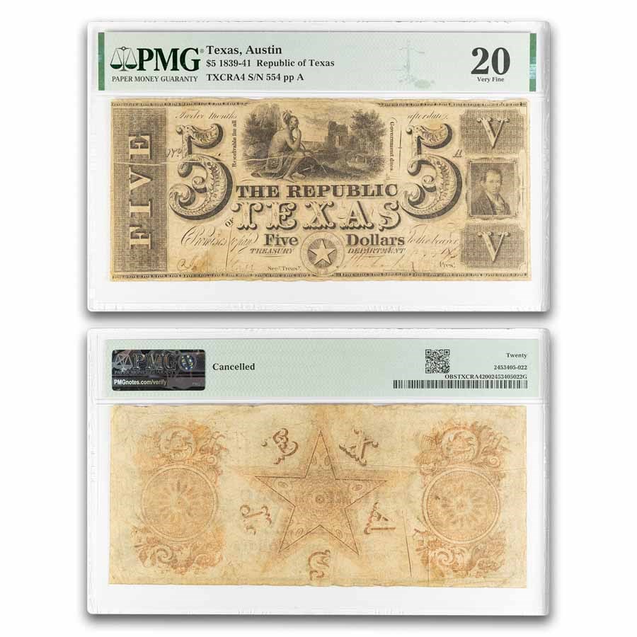 Buy 1839-41 Rep of Texas $5 Treasury Note VF-20 PMG | APMEX
