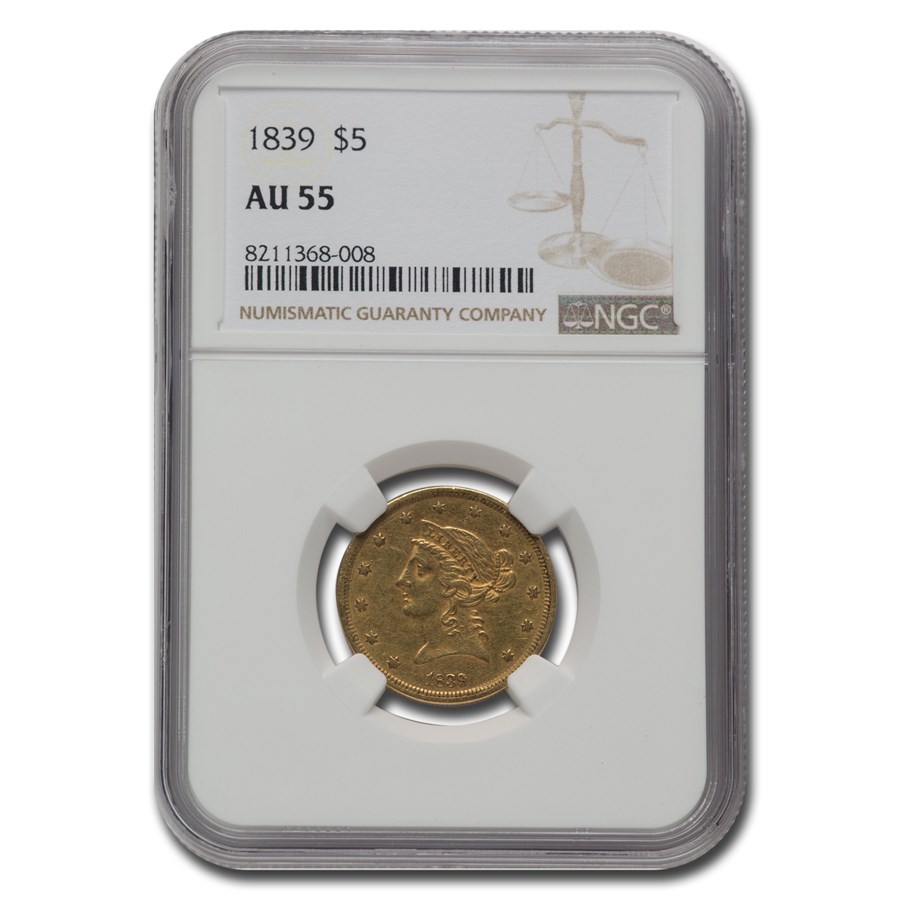 Buy 1839 $5 Liberty Gold Half Eagle AU-55 NGC | APMEX