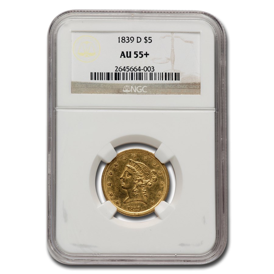 1839-D $5 Liberty Gold Half Eagle AU-55+ NGC